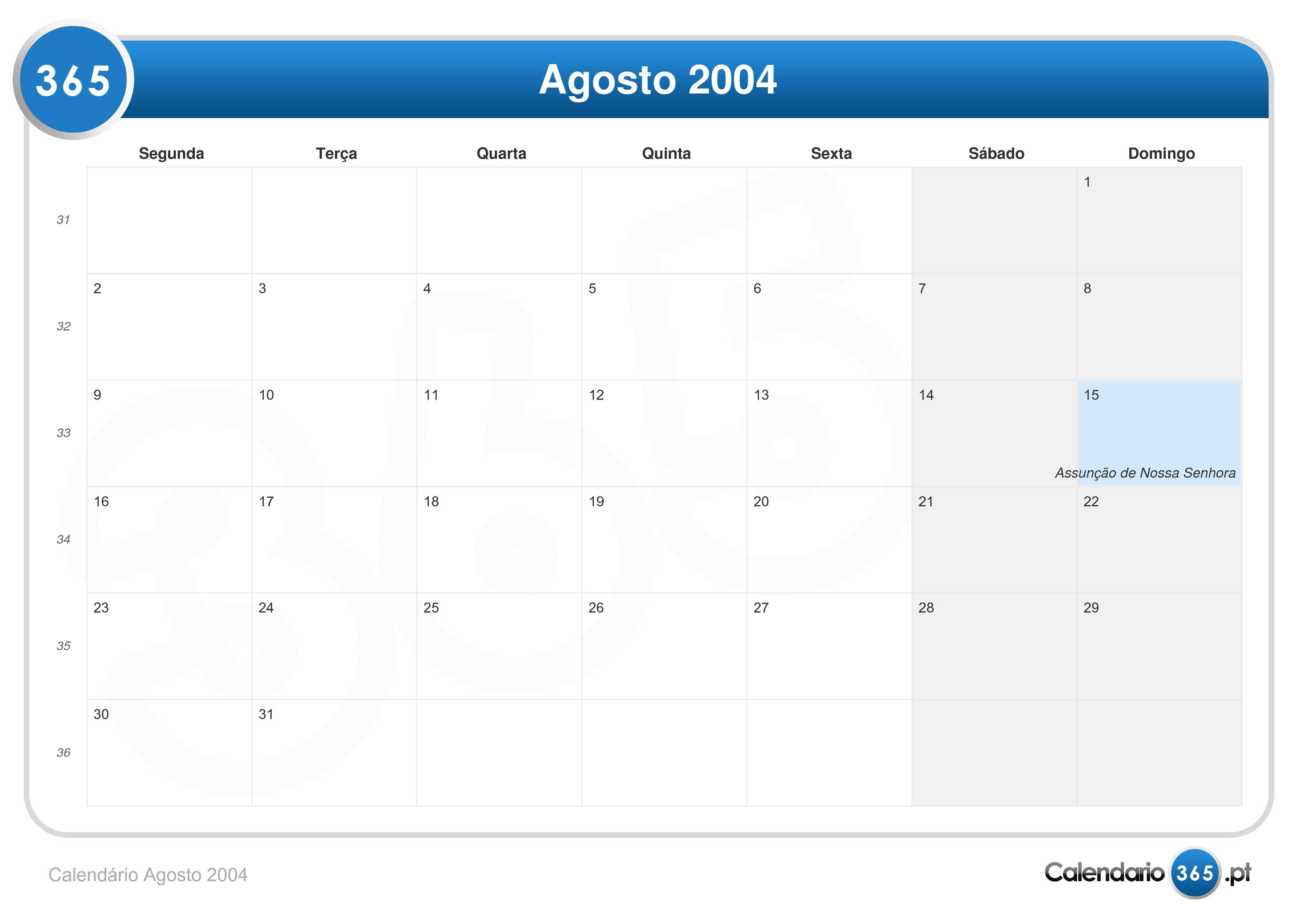 Calendário Agosto 2004
