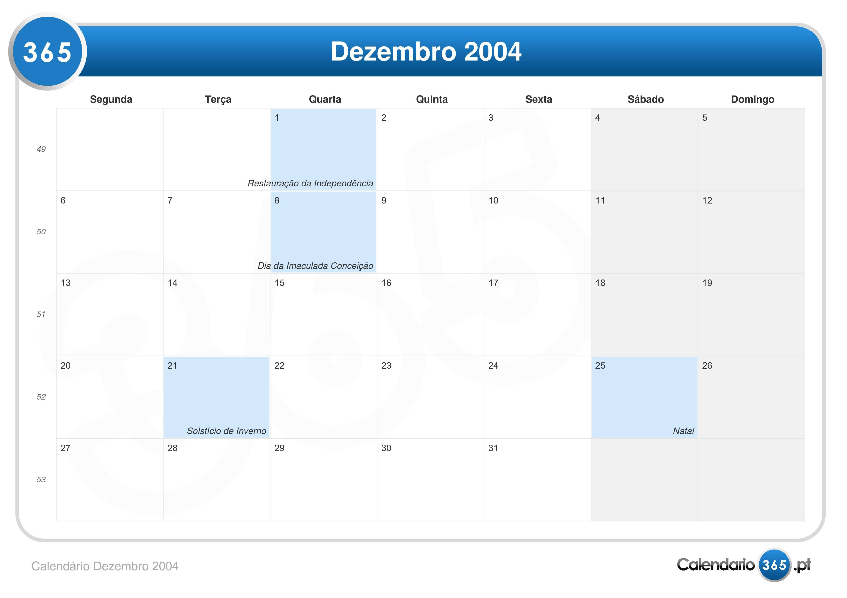 Calendário Dezembro 2004