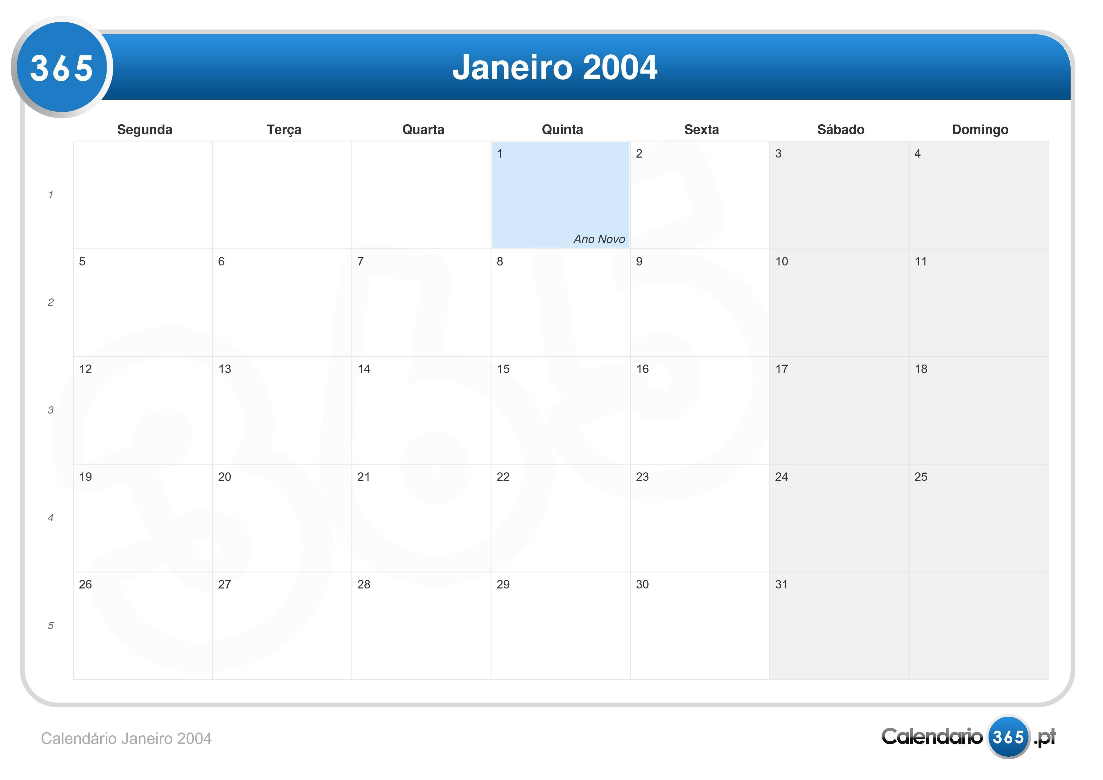 Calendário Janeiro 2004