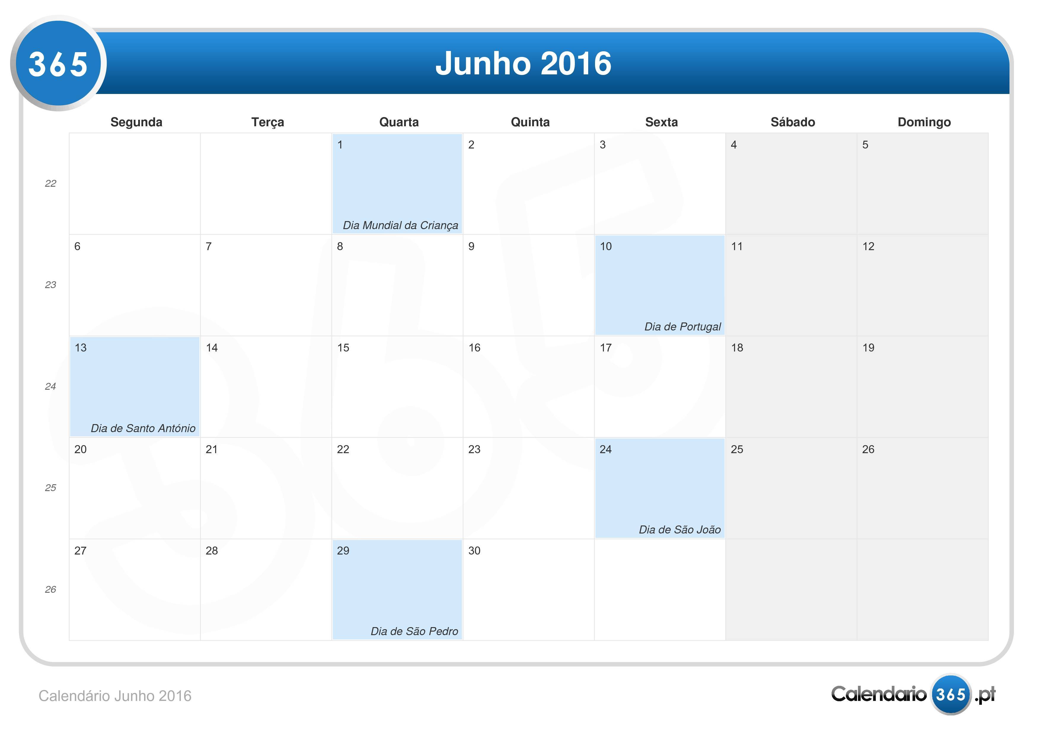 Calendário Junho 2016